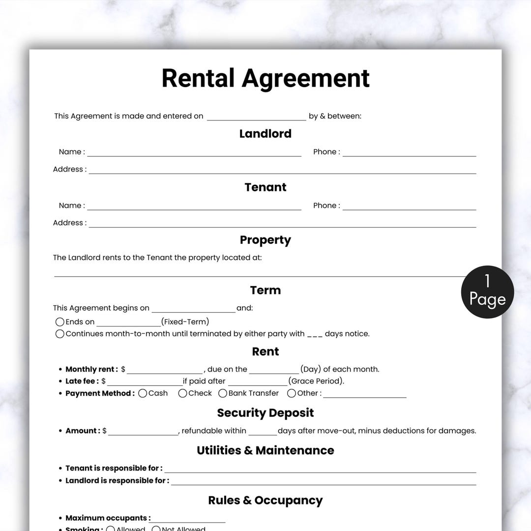 Simple Rental Agreement, One Page Rental Agreements Form Template ...