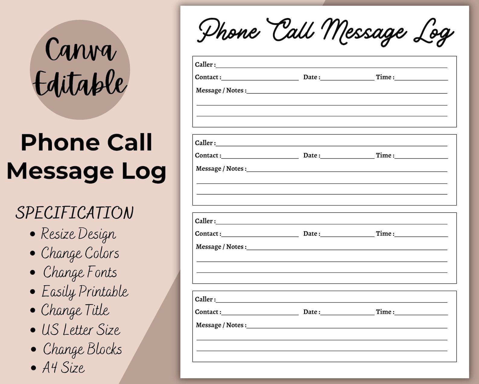 Phone Call Message Log, Editable Fillable Telephone Template ...