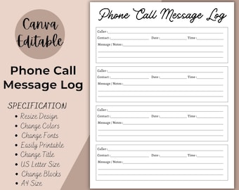 Phone Call Message Log, Fillable Telephone Template, Communication Log ...