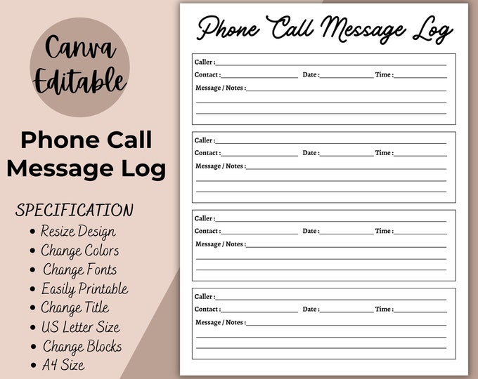 Phone Call Message Log, Editable Fillable Telephone Template ...