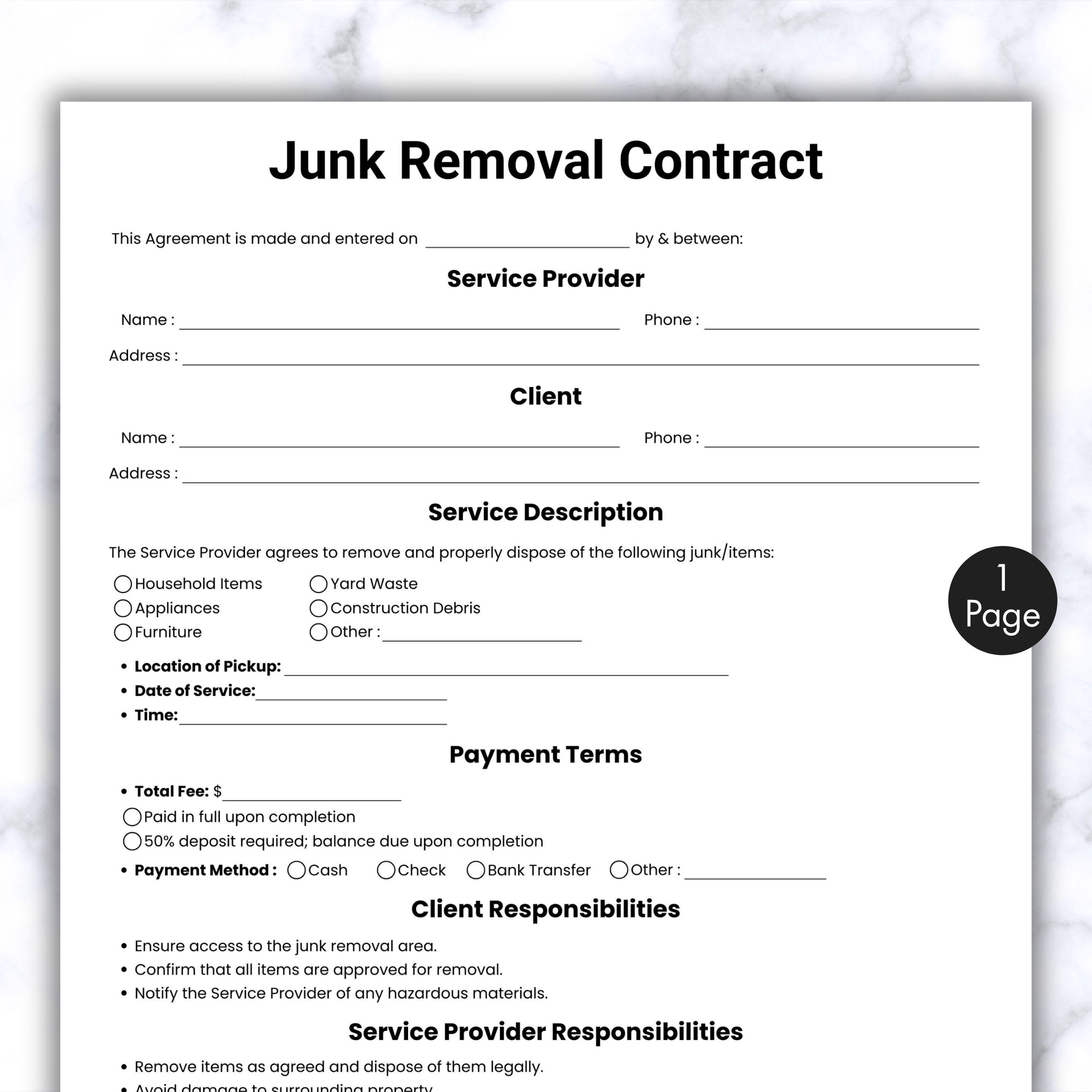 Simple Junk Removal Contract, One Page Trash Removal Template ...
