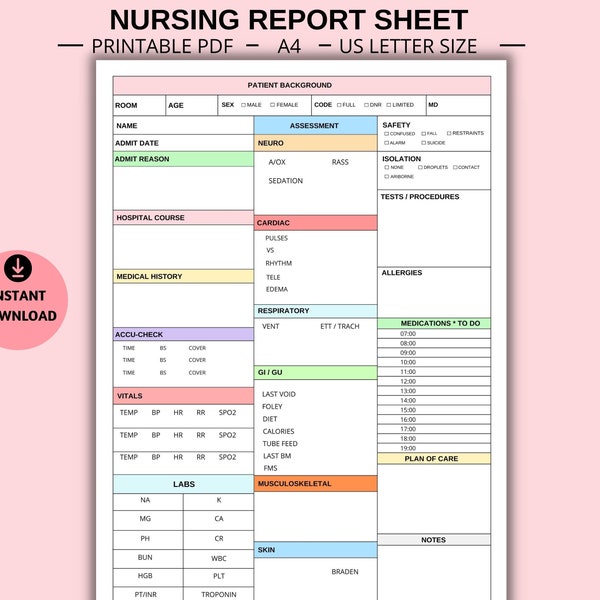 Colorful Nurse Report Sheet - Etsy