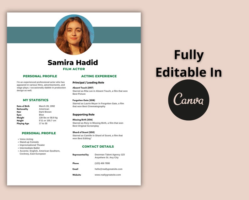 Actor & Actress Resume Template With Photo for Canva, Acting Resume ...