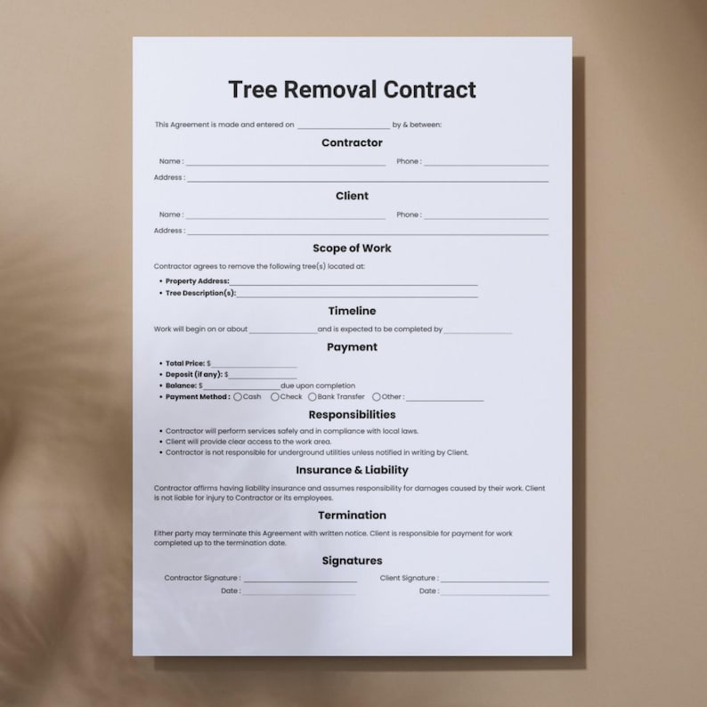 Simple Tree Removal Contract, One Page Tree Removal Service Form ...