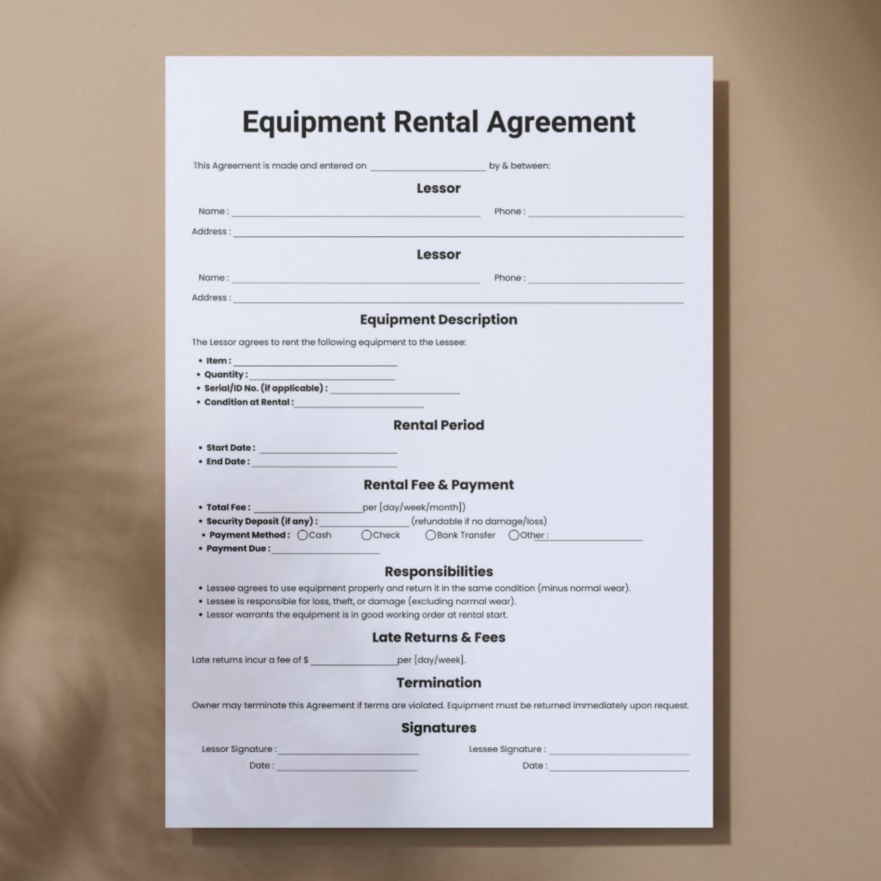 Simple Equipment Rental Agreement Template, One Page Lease Equipment ...
