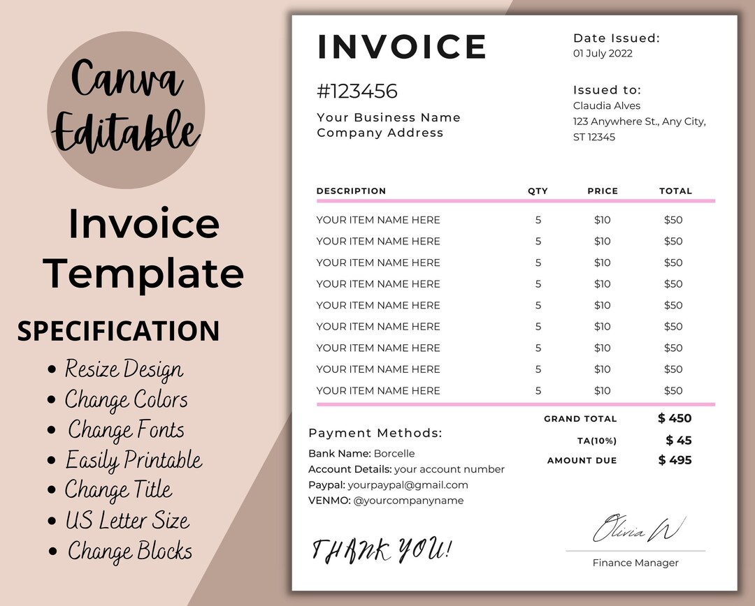 PINK INVOICE Editable Template, Printable WORD Doc/canva Invoice ...