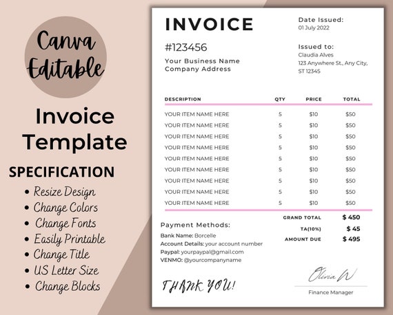 PINK INVOICE Editable Template Printable WORD Doc/canva - Etsy
