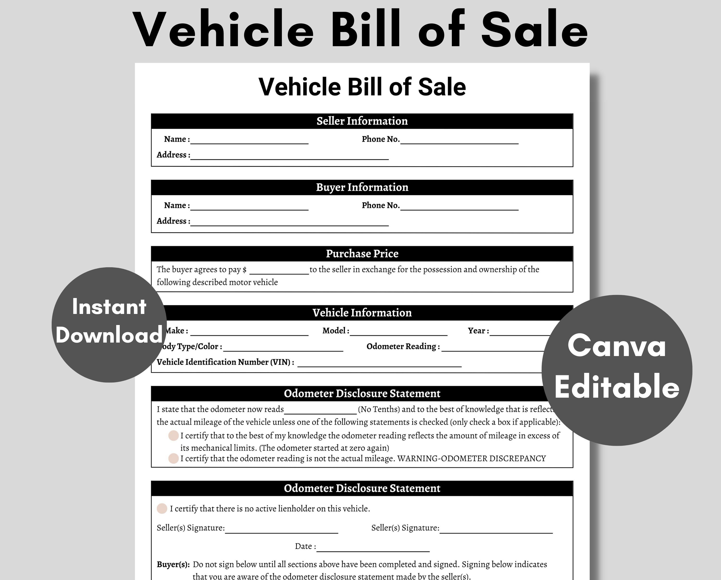 Printable Vehicle Bill for Sale Motor Bike and Car Sale Form Digital ...