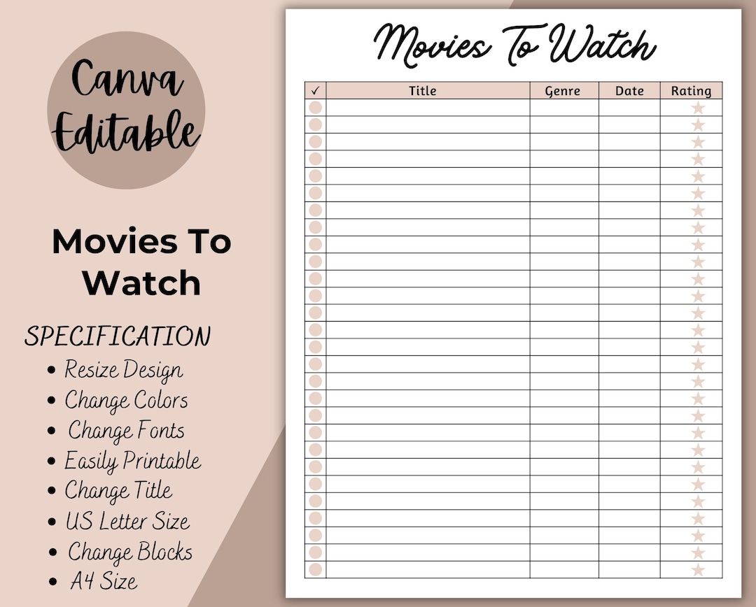 Movies to Watch List | Printable Movies Tracker | Editable Series to ...