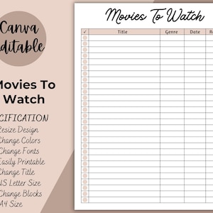 Movies to Watch List | Printable Movies Tracker | Editable Series to ...