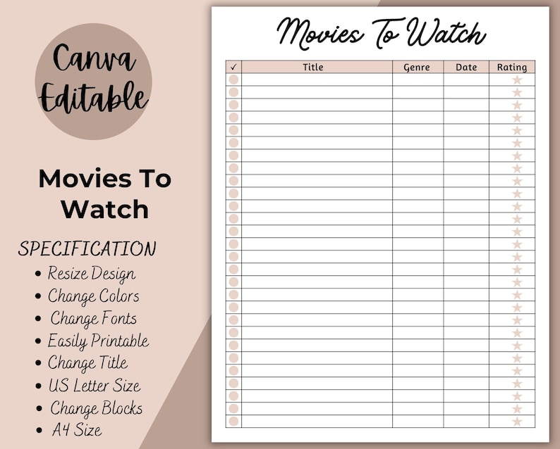 Movies to Watch List Printable Movies Tracker Editable - Etsy