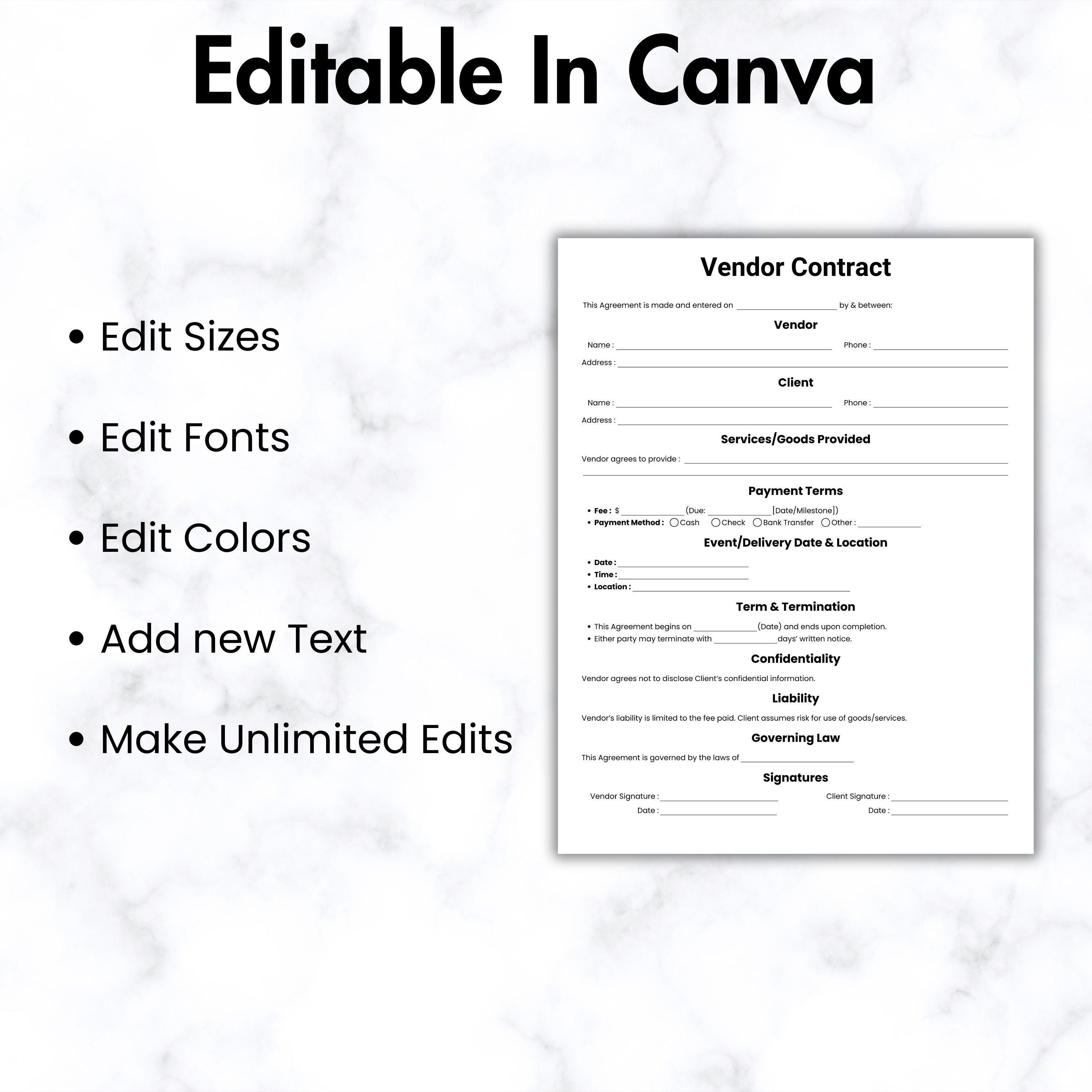 Simple Vendor Contract Template, One Page Event Agreement, Printable ...