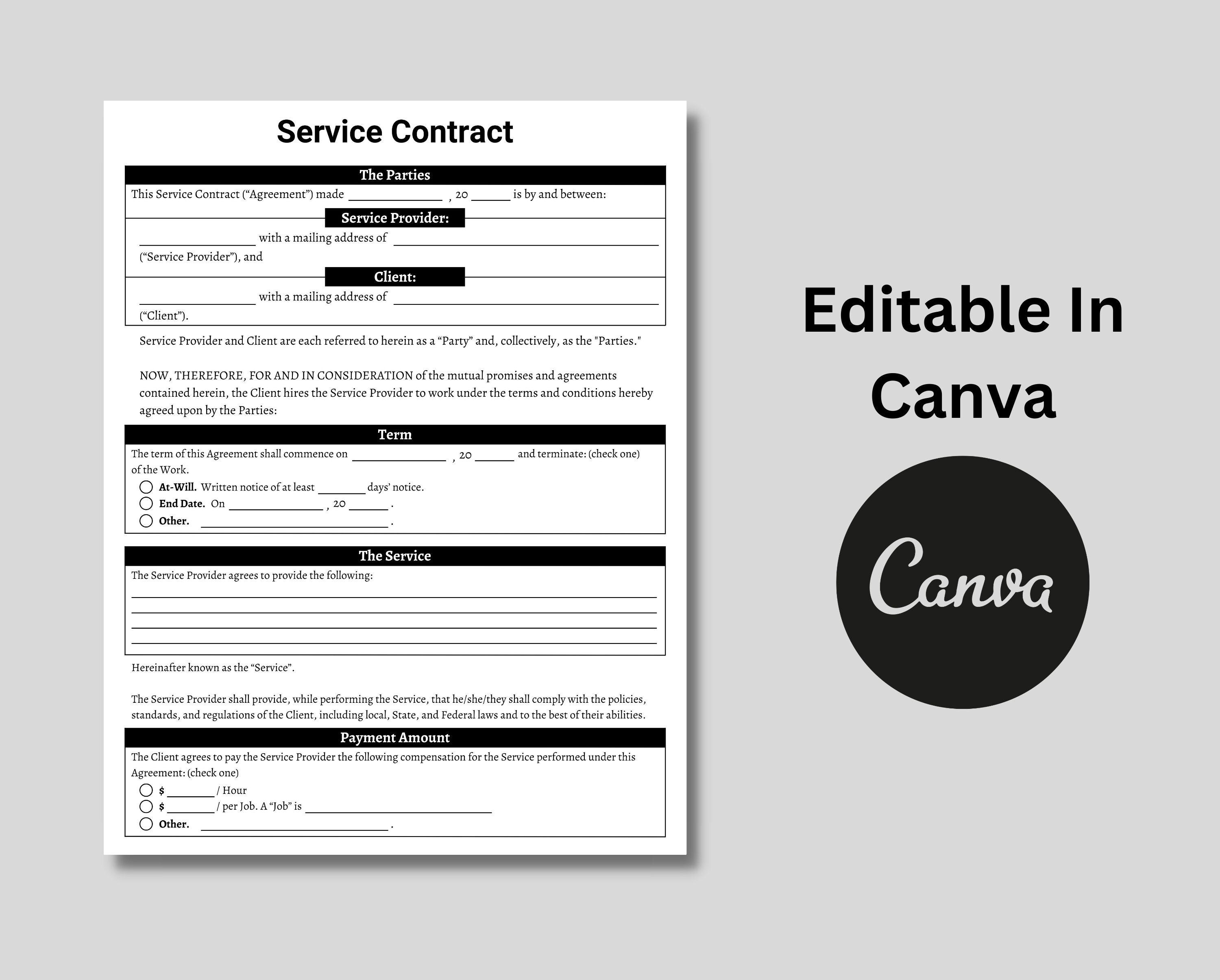 Service Contract Form, Printable Services Contract Agreement, Editable ...