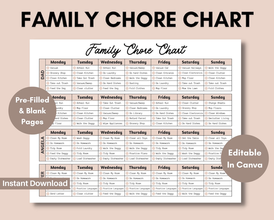 Family Chore Chart, Editable Family Planner Printable, Weekly Family ...