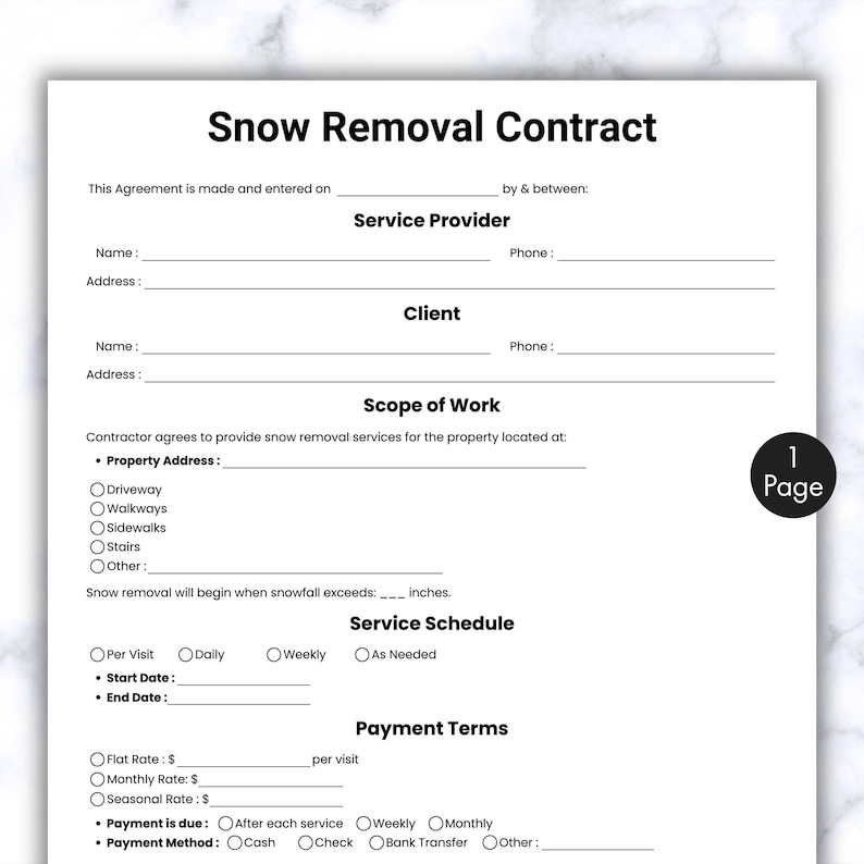 Simple Snow Removal Contract, One Page Residential Snow Plowing ...