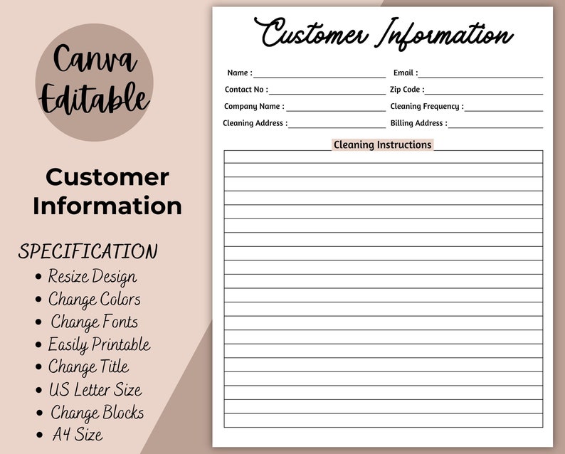 Customer Information Template Printable, Customer Info Log, Cleaning ...