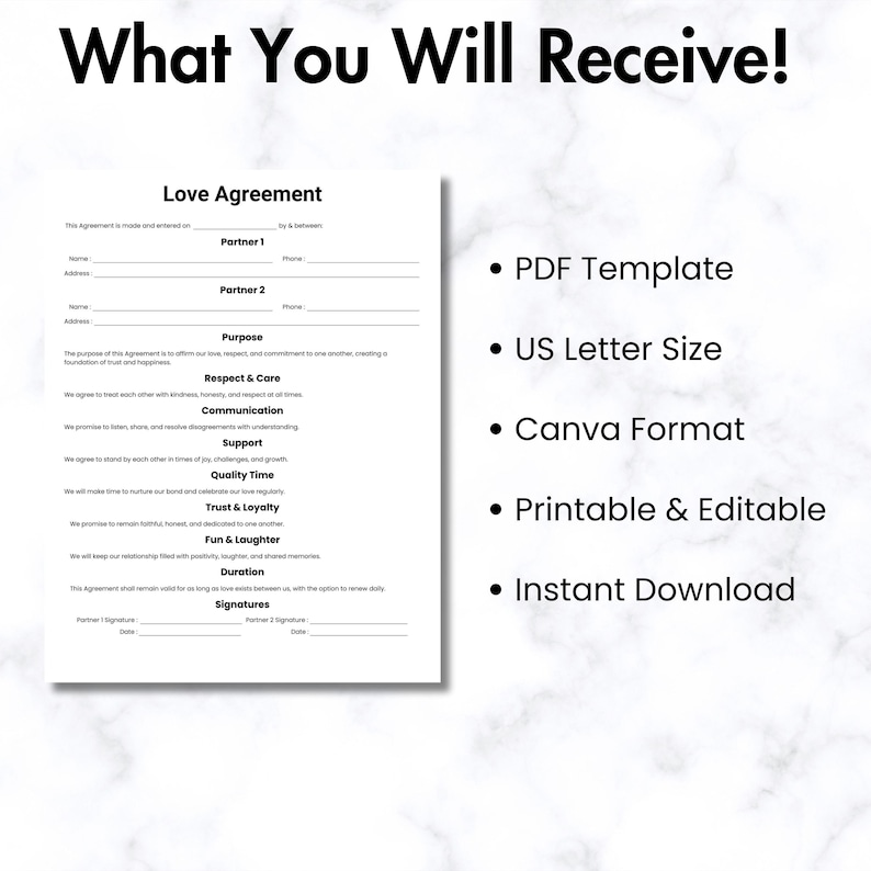 Simple Love Agreement, One Page Relationship Responsibilities Form ...