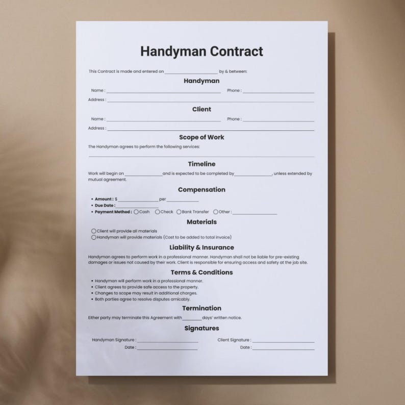 Simple Handyman Contract, One Page General Contract Template, Printable ...