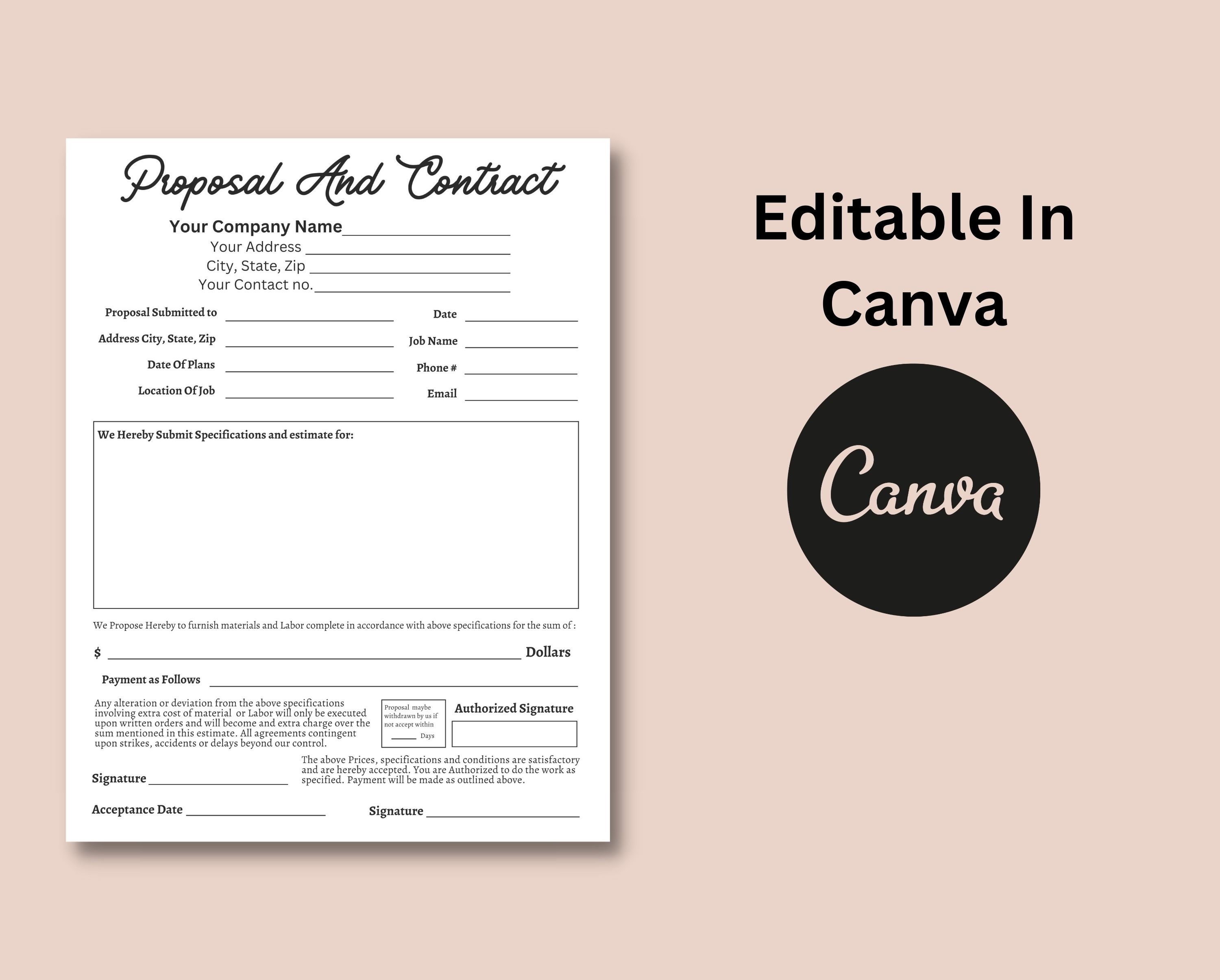 Proposal and Contract Template Canva Editable Form, Quote Form, Business Form, Job Proposal ...