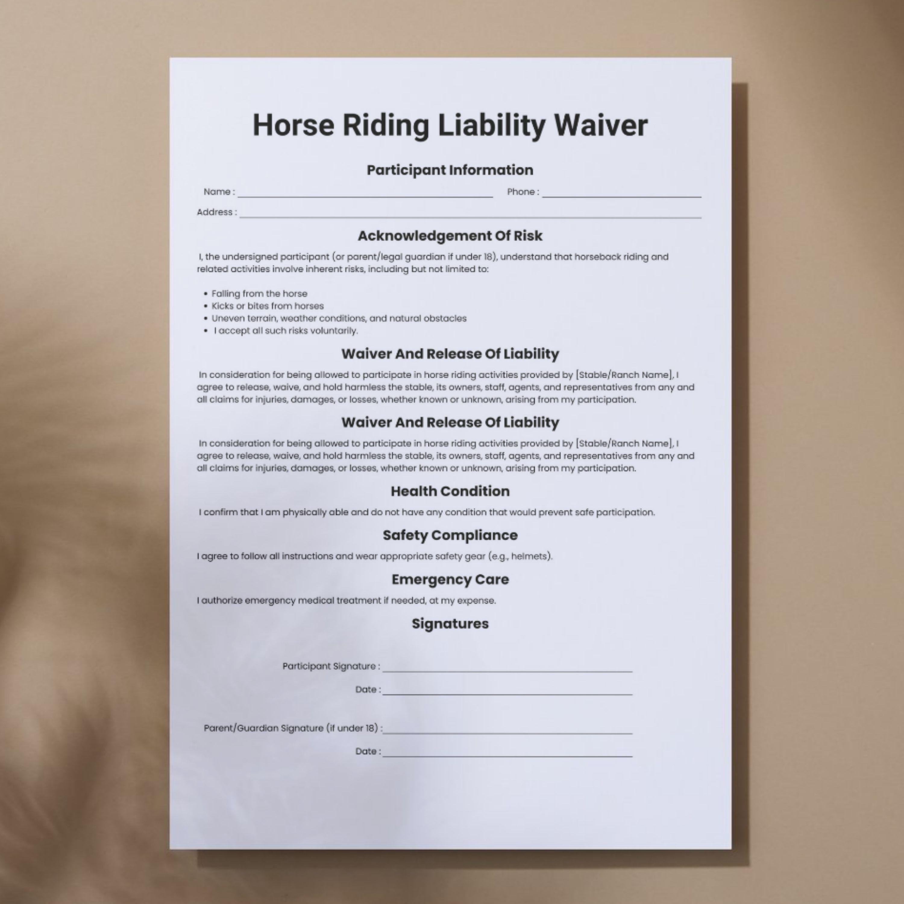 Simple Horse Riding Liability Waiver, One Equine Waiver Form, Printable ...