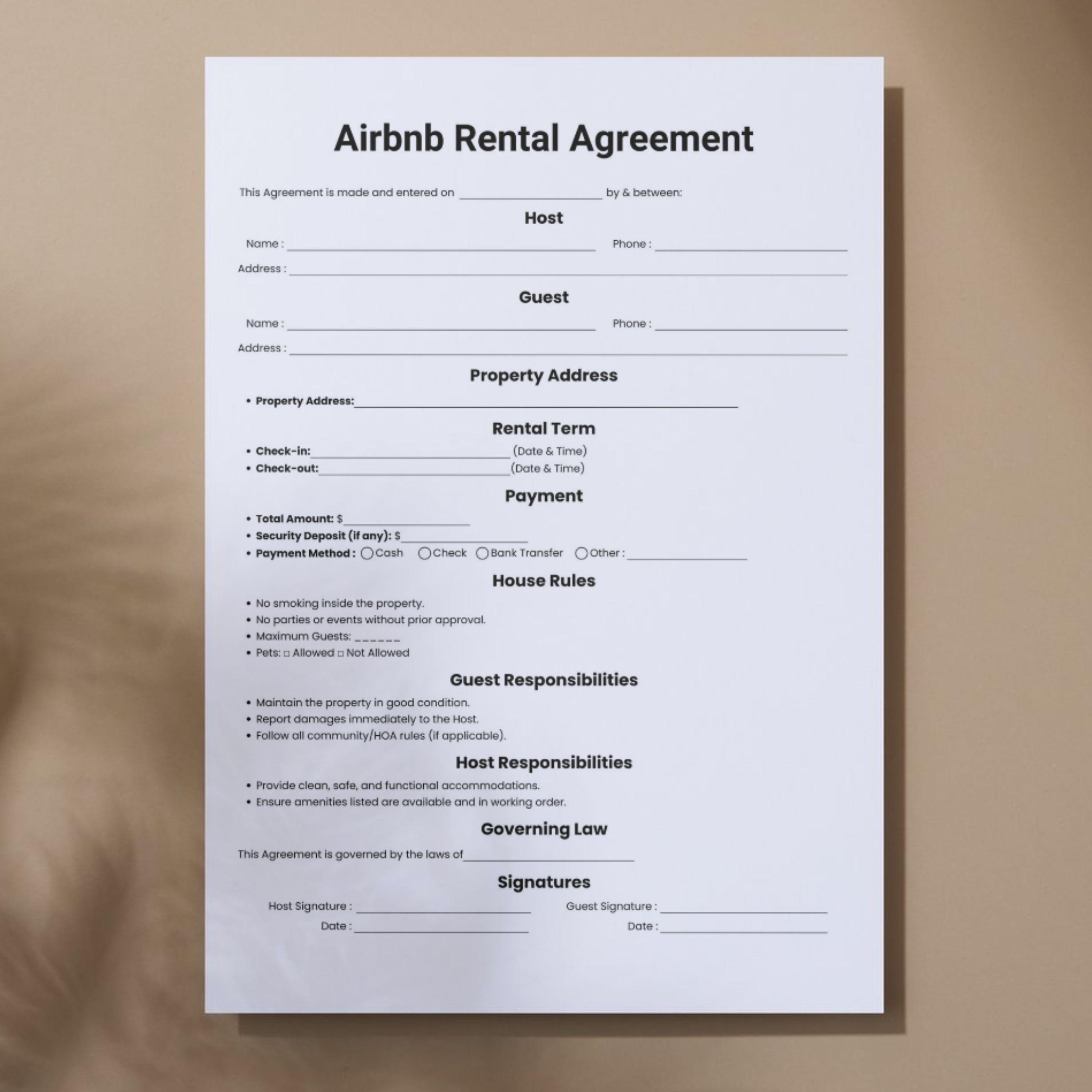 Simple Airbnb Rental Agreement, One Page Short-term Rental Form ...