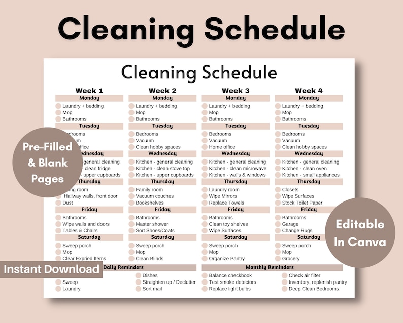 Printable Cleaning Schedule Editable Weekly Monthly Yearly - Etsy