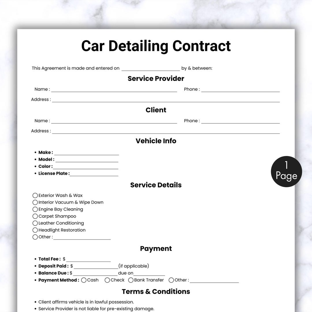 Simple Car Detailing Contract, One Page Auto Detailing Agreement Form ...