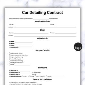 Simple Car Detailing Contract, One Page Auto Detailing Agreement Form ...