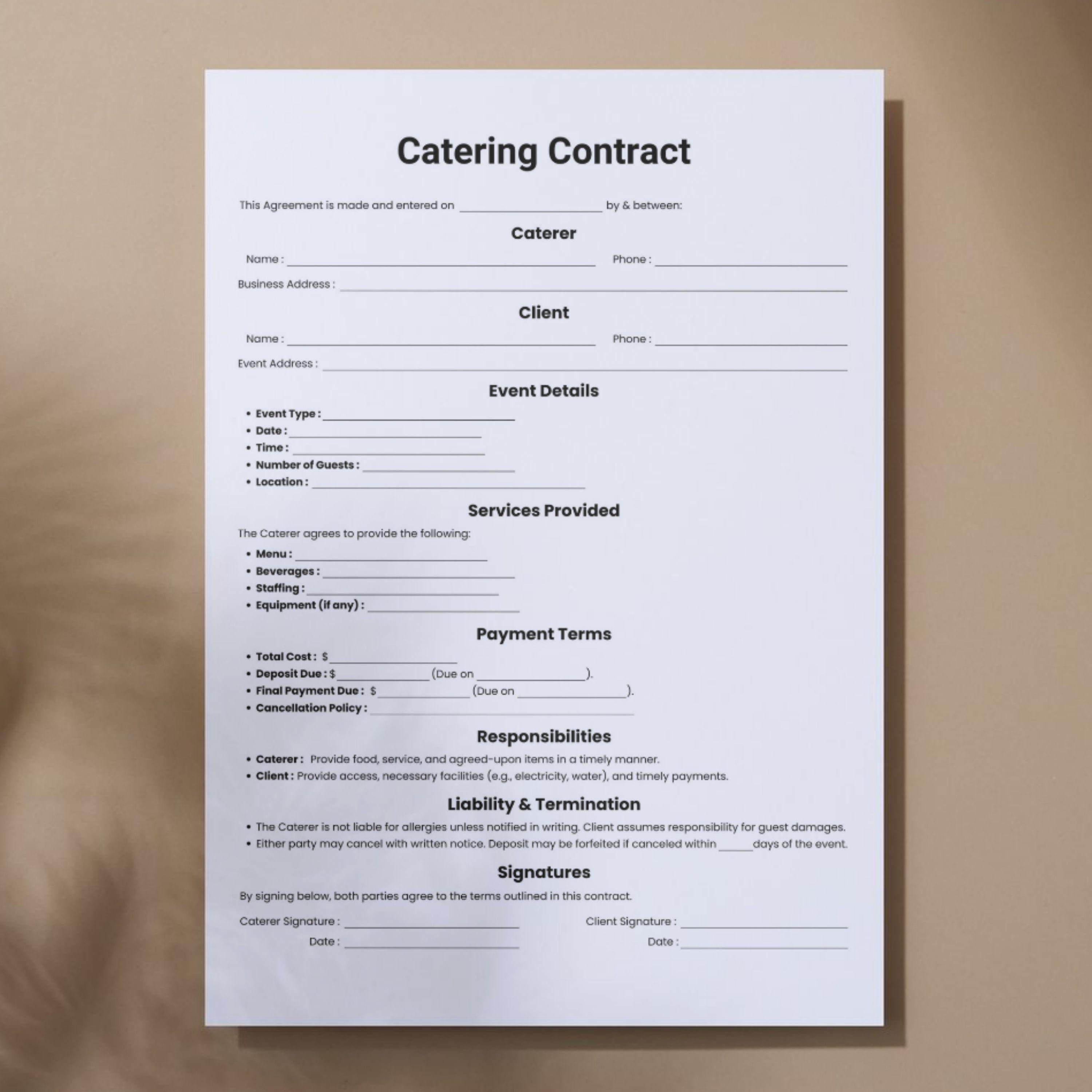 Simple Catering Contract Template, One Page Catering Service Contract ...