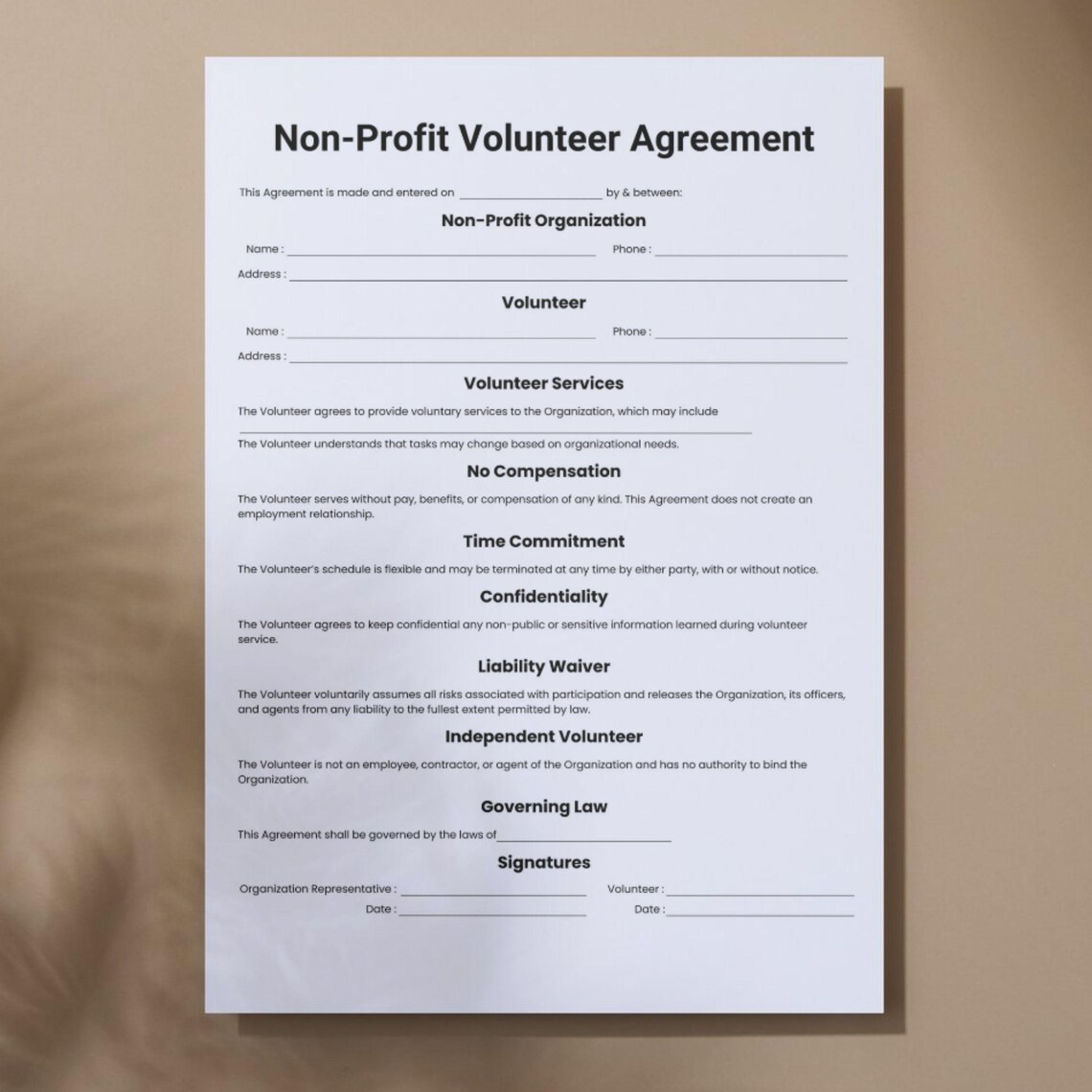 Simple Non-profit Volunteer Agreement, One Page Non-profit ...