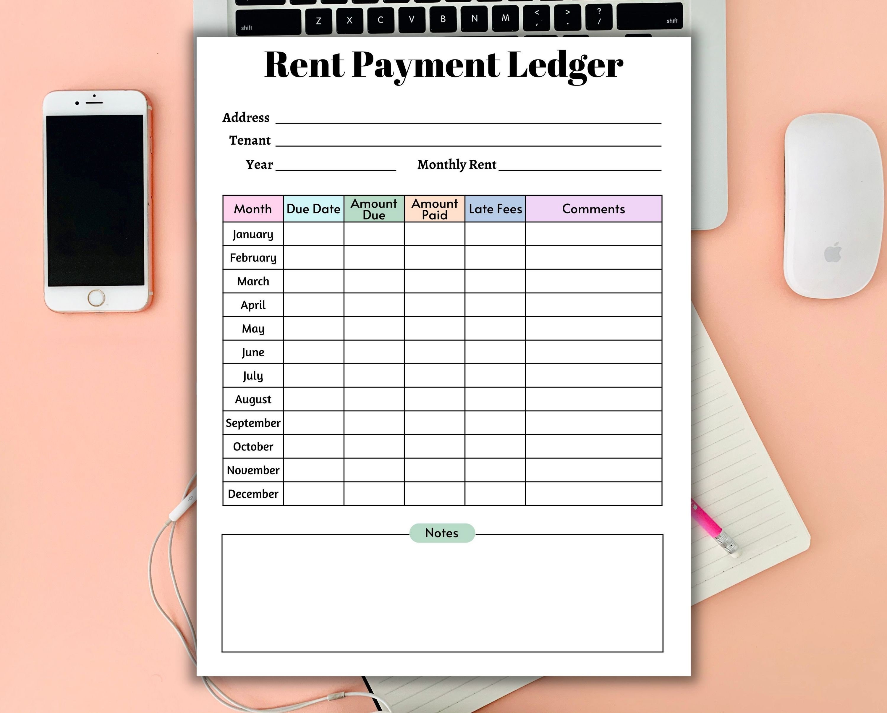 Editable Rent Payment Ledger | Yearly Rent Tracker | Colorful Rent ...
