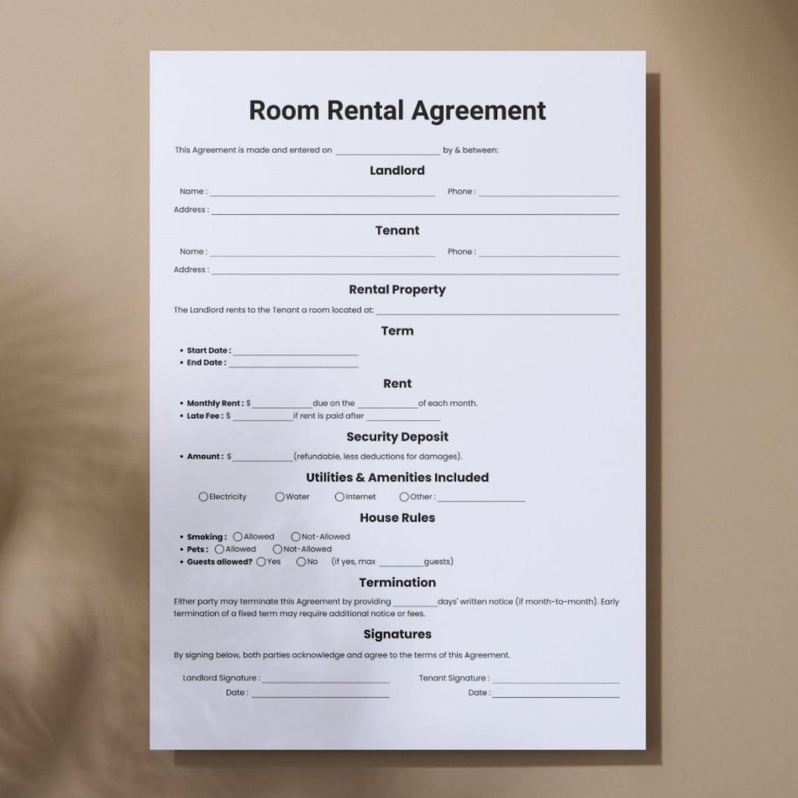 Simple Room Rental Agreement Template, One Page Room Tenancy Contract ...