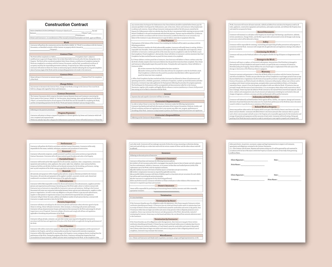 Printable Construction Contract Construction Template - Etsy