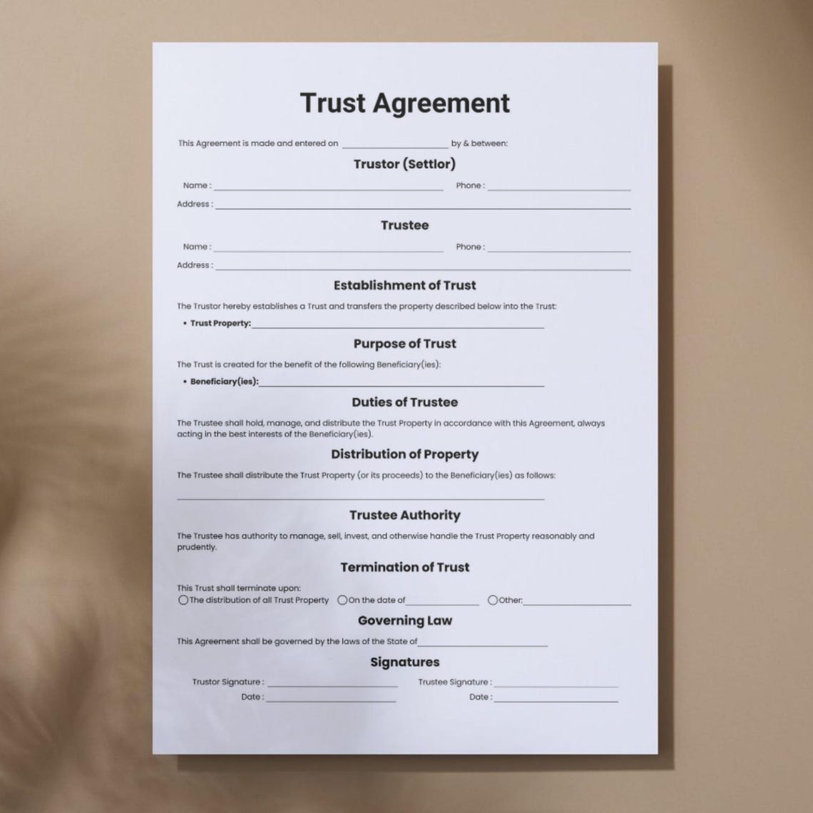 Simple Trust Agreement, One Page Beneficiary Form, Printable & Editable ...