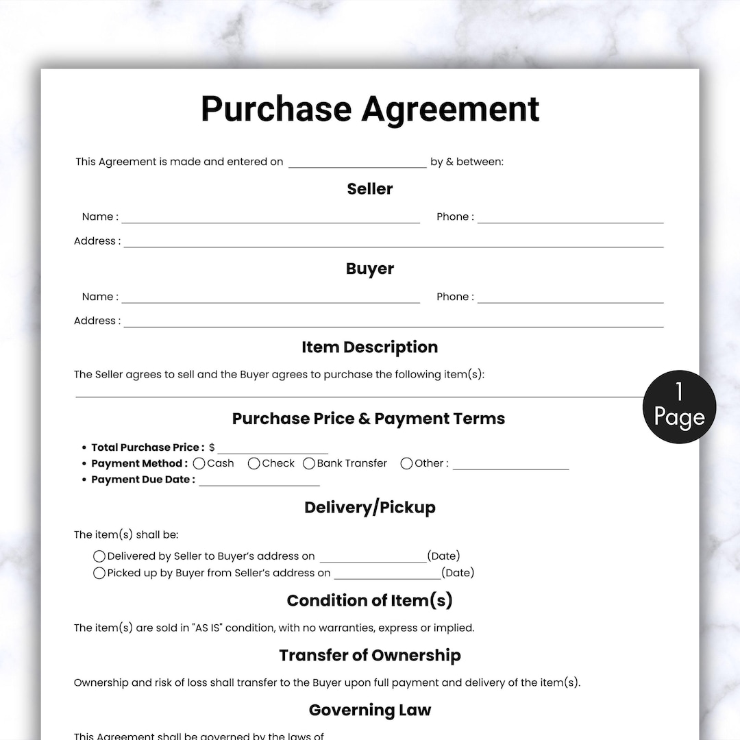 Simple Purchase Agreement Template, One Page Contract of Sales ...