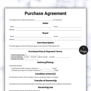 Simple Purchase Agreement Template, One Page Contract of Sales ...