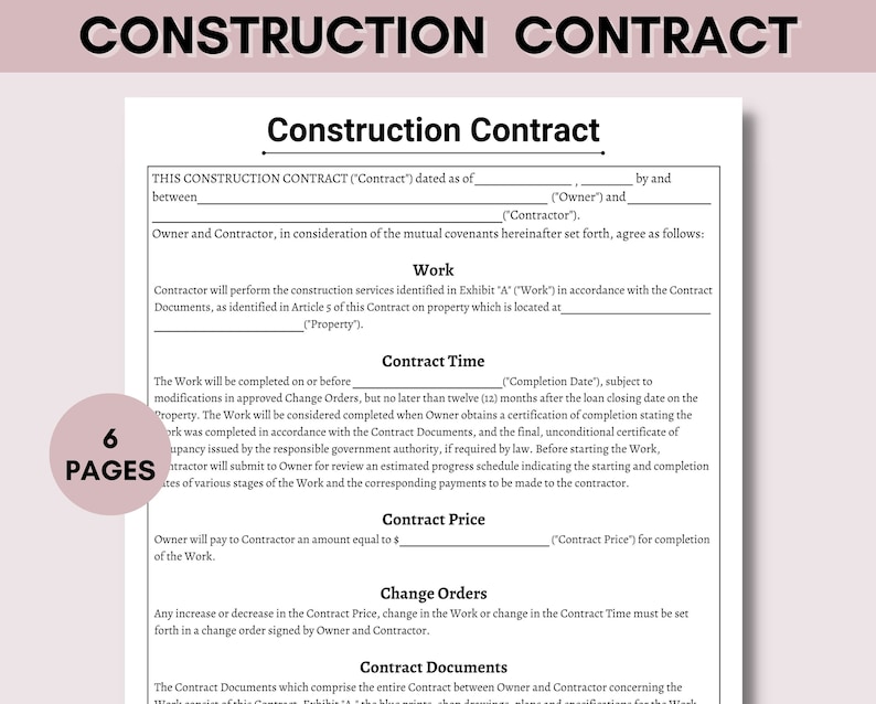 Construction Contract, Printable Construction Template - Handyman ...