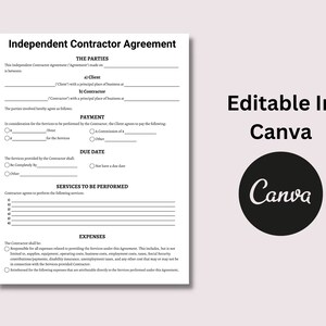 Printable Independent Contractor Agreement, Editable Business Contract ...