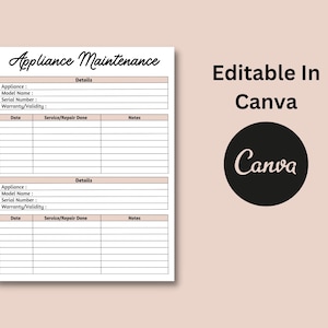Appliance Maintenance Log, Appliance Tracker for Home Organization ...