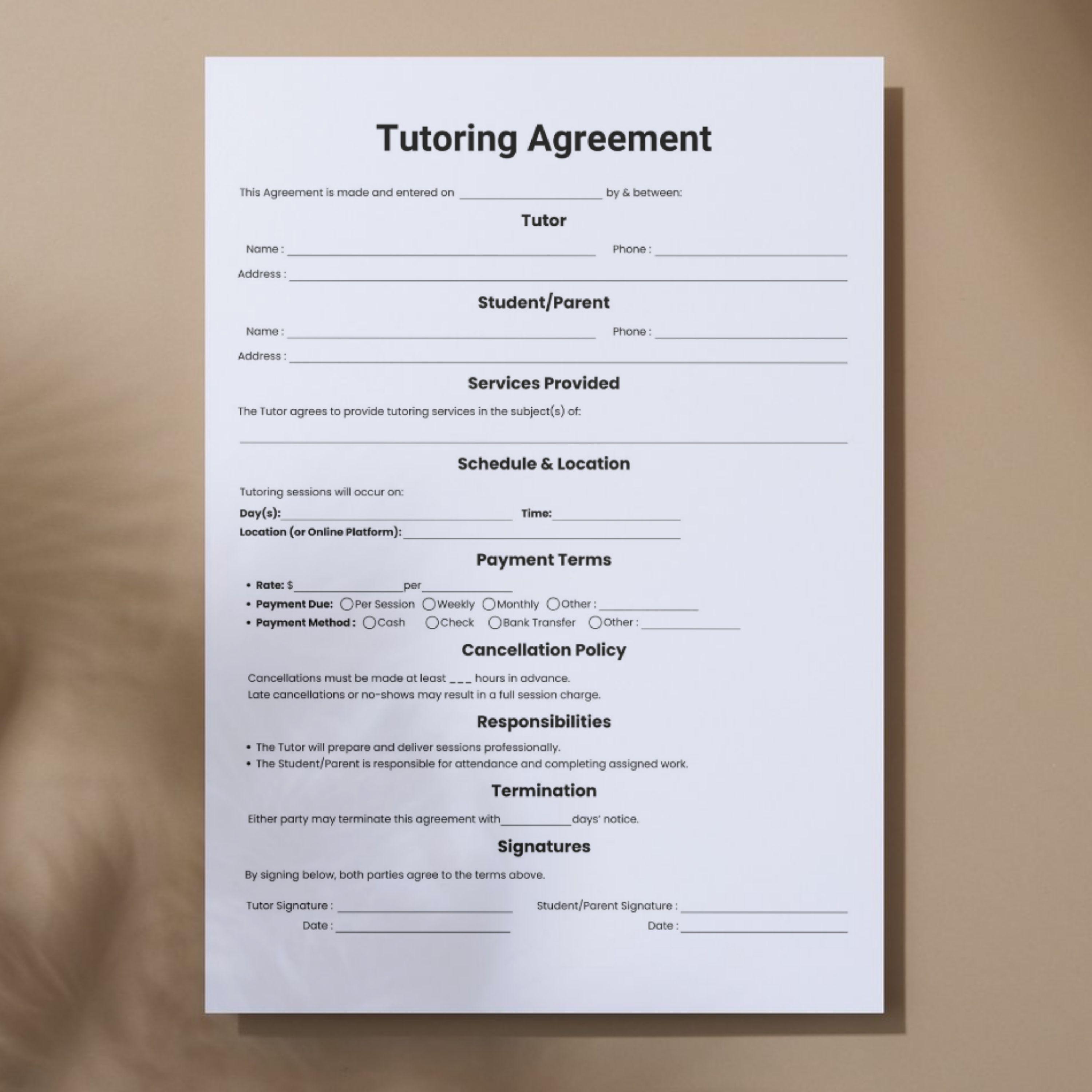 Simple Tutoring Agreement, One Page Tutoring Terms Contract Form ...