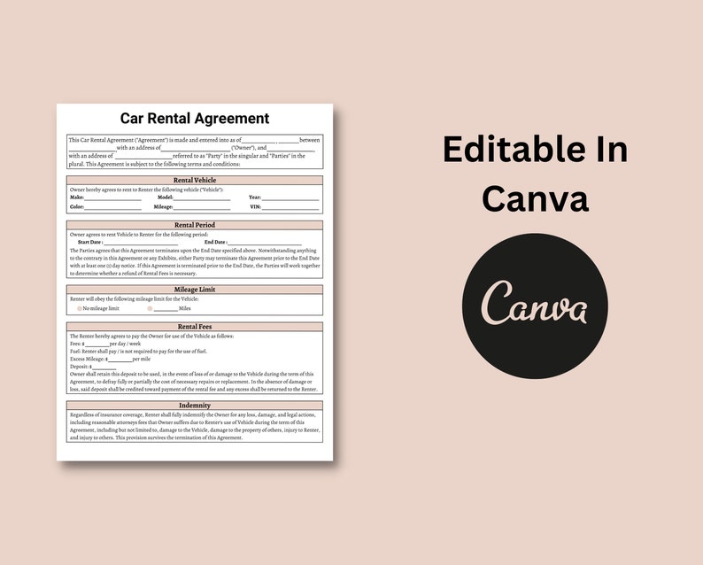 Car Rental Agreement Printable Vehicle Lease Contract Car - Etsy