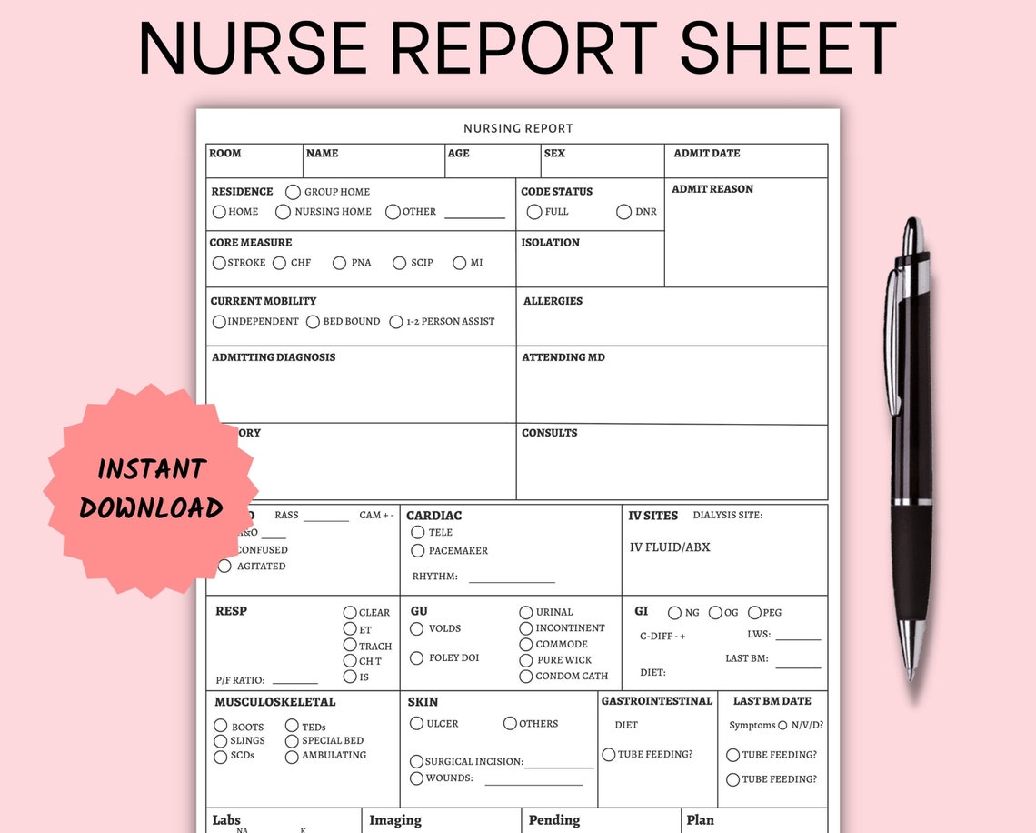 Nurse Report Sheet, Printable Nursing Brain, Icu Nurse, Med Surg ...