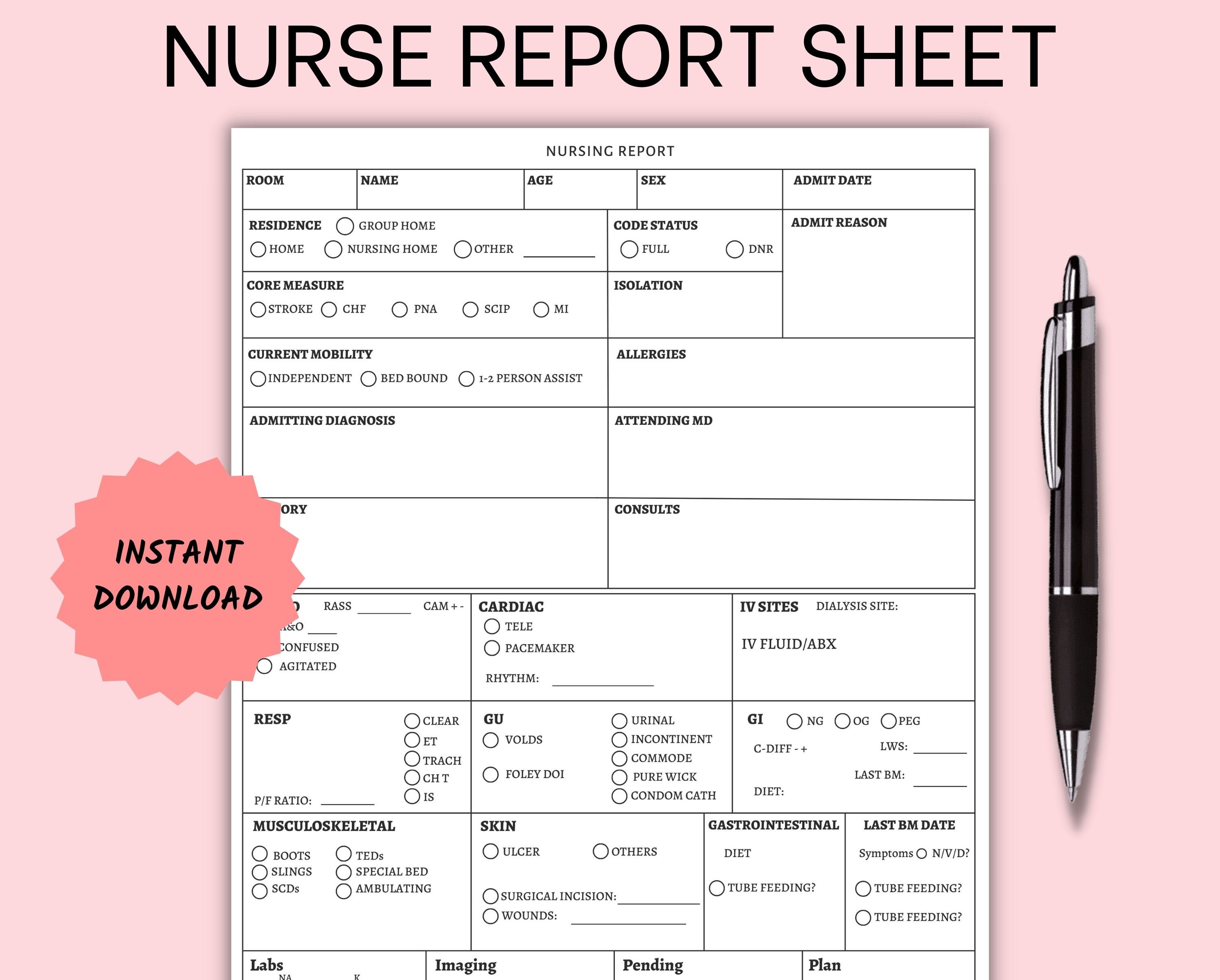 Nurse Report Sheet, Printable Nursing Brain, Icu Nurse, Med Surg ...