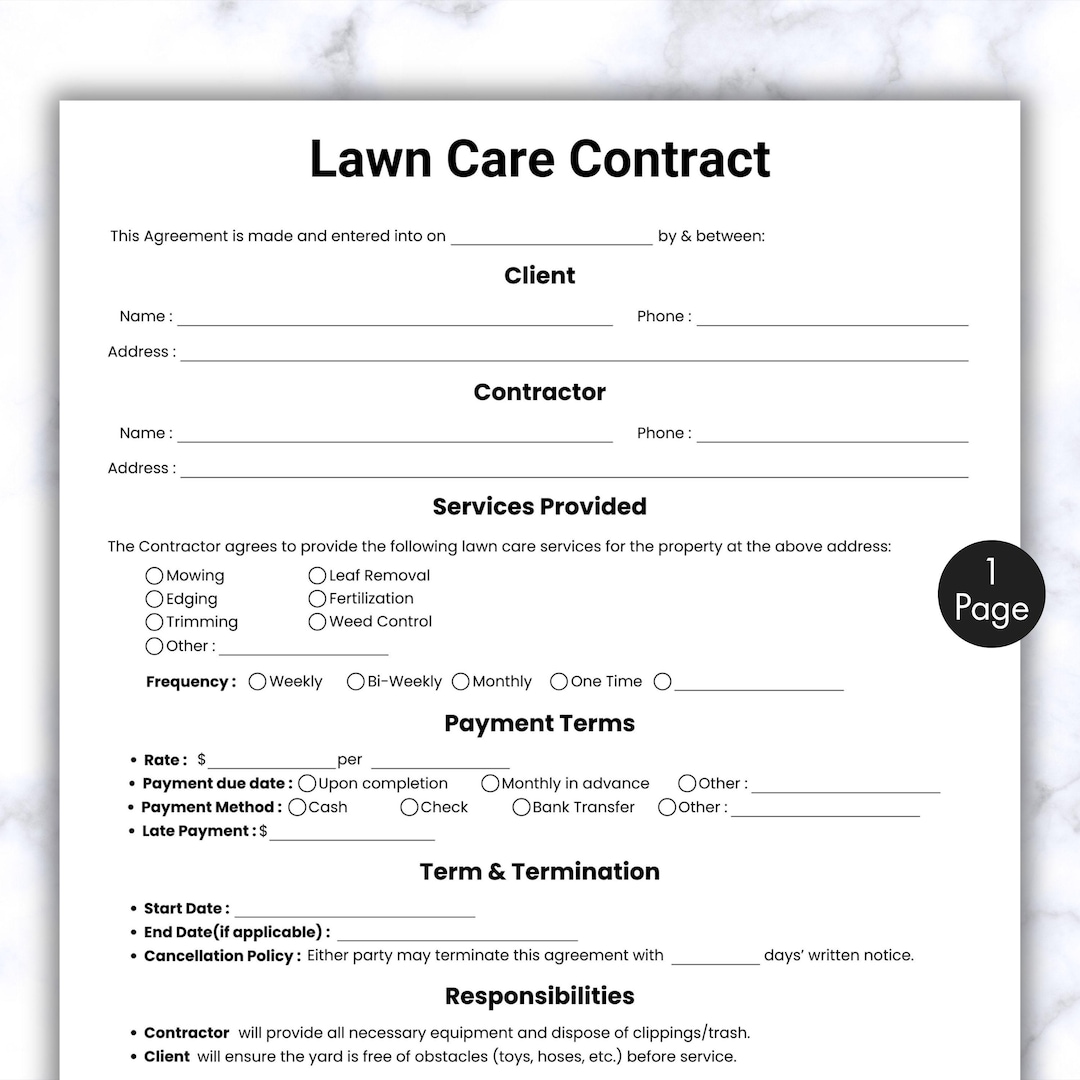 Simple Lawn Care Agreement, One Page Service Contract, Printable ...