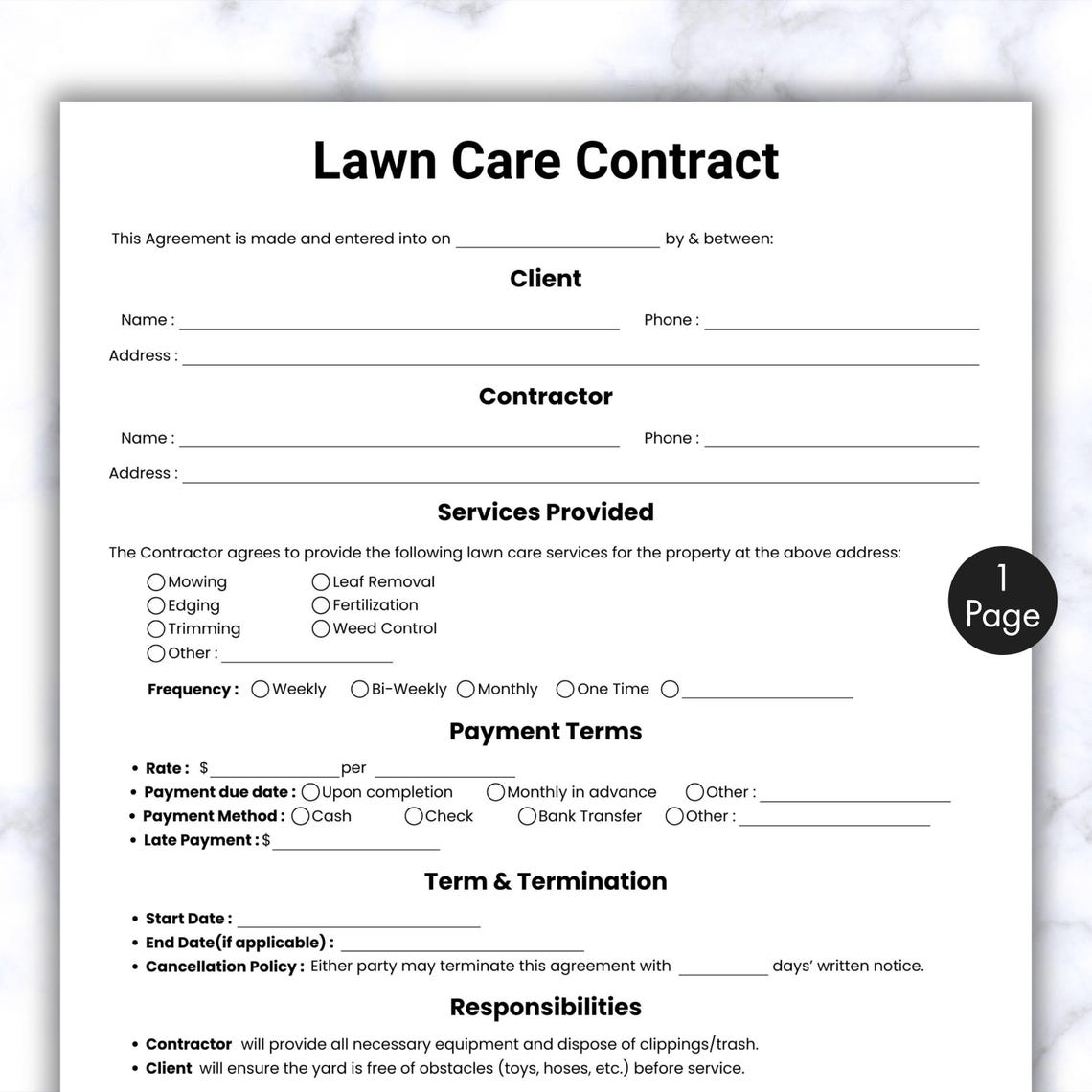 Simple Lawn Care Agreement, One Page Service Contract, Printable ...