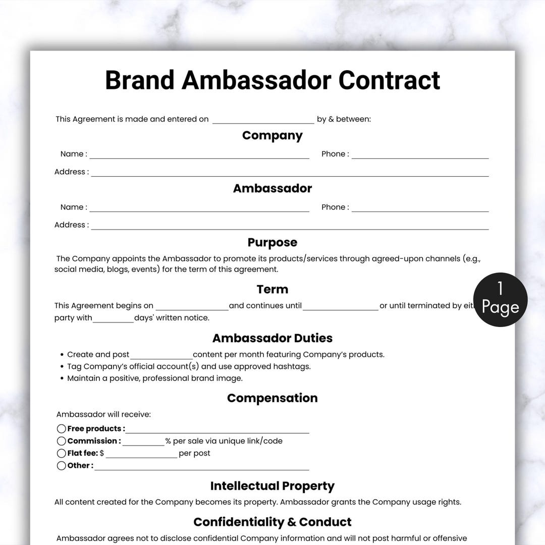 Simple Brand Ambassador Contract, One Page Social Media Agreement Form ...