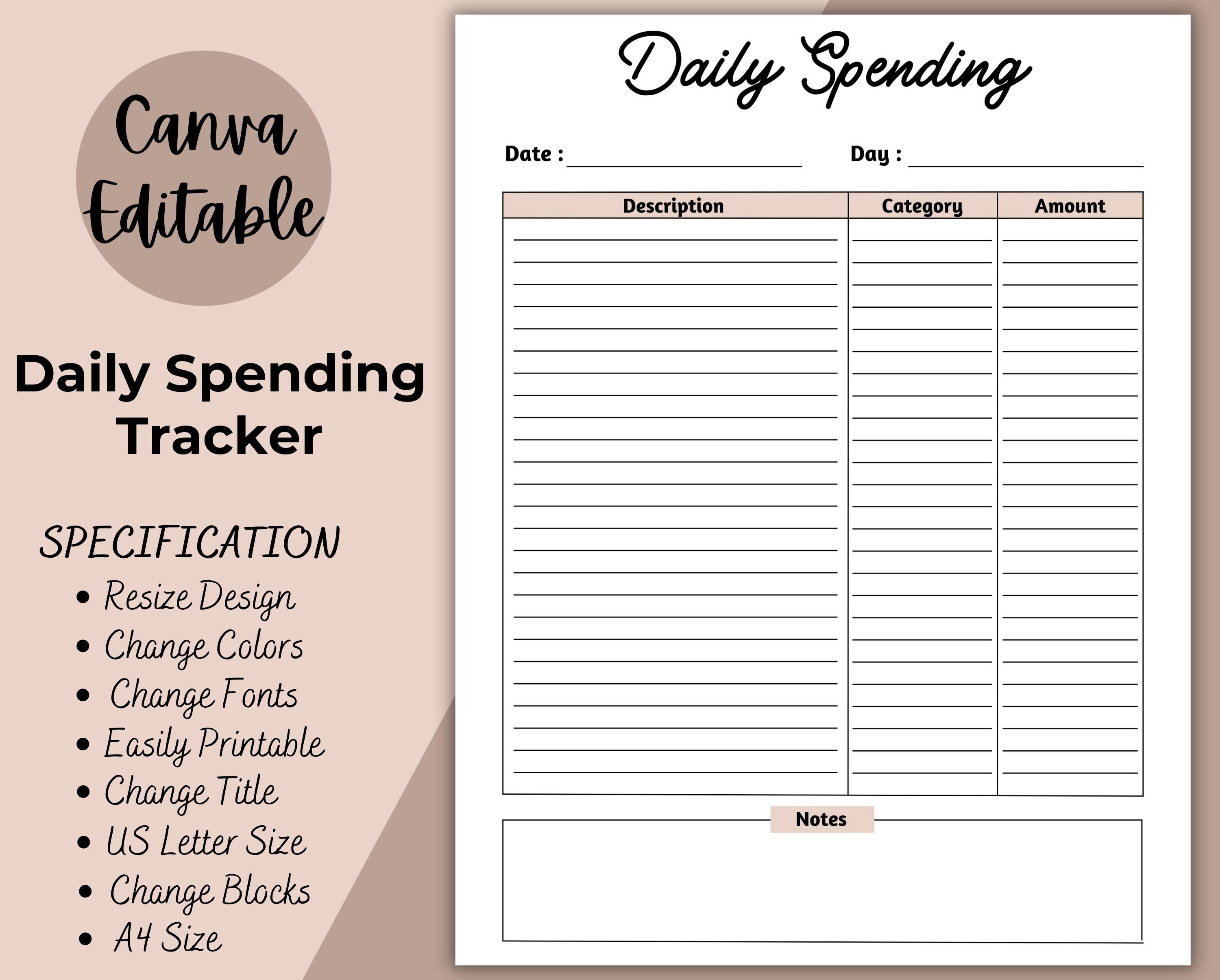 Daily Spending Tracker, Printable Spending Tracker, Expense Tracker ...