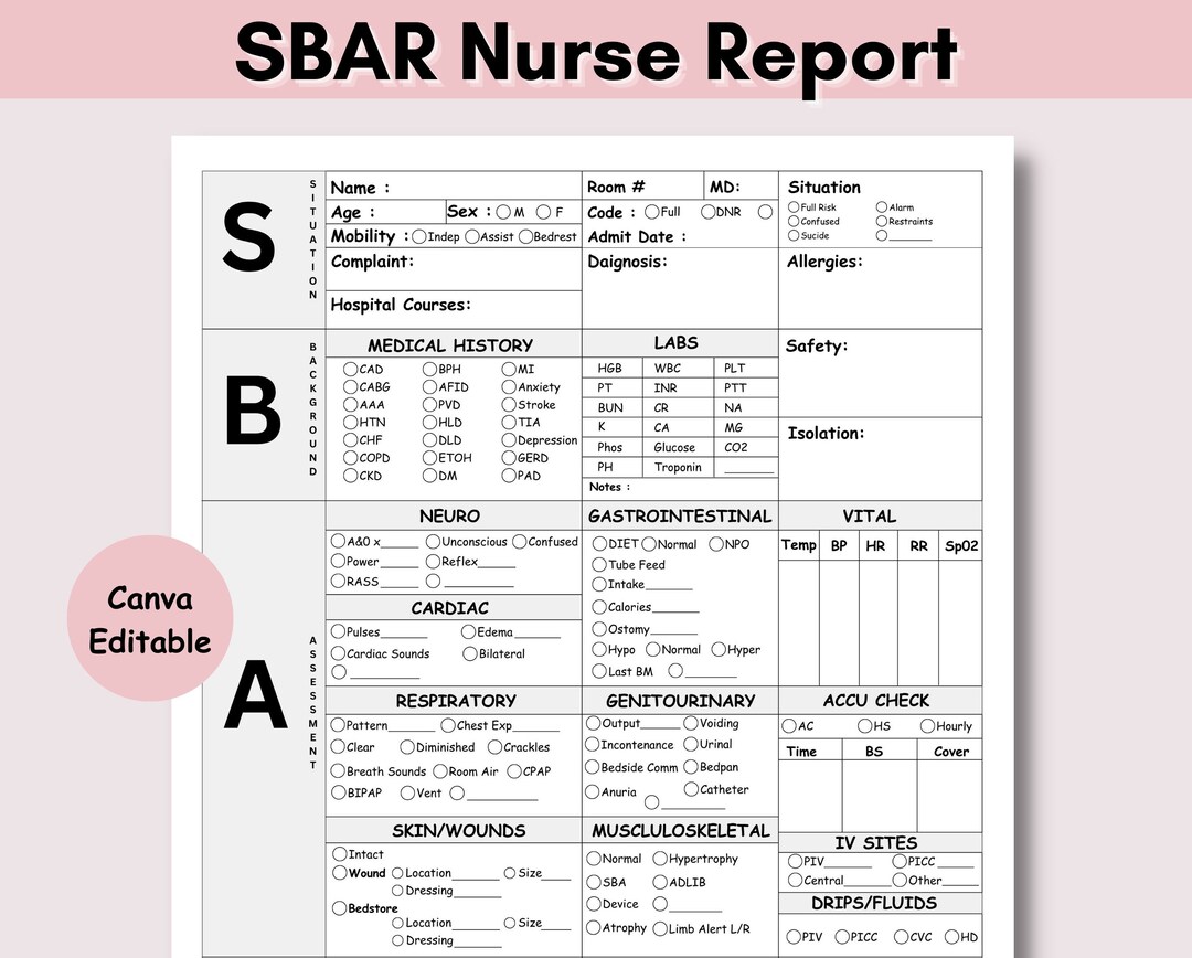 SBAR Nurse Report Sheet, Printable Med Surg Nurse Brain ICU Report ...