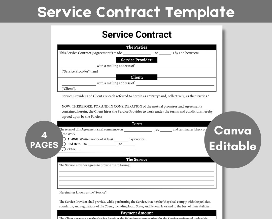 Service Contract Form, Printable Services Contract Agreement, Editable ...