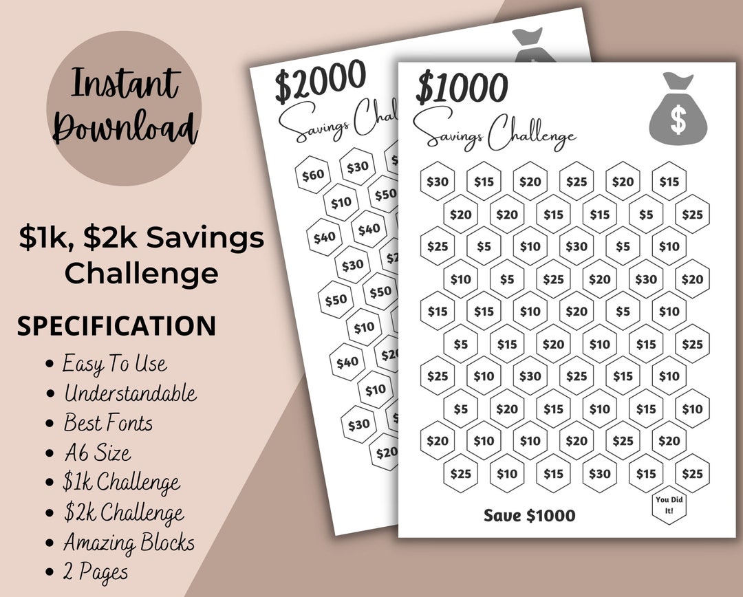 Printable 1k 2k Savings Challenge | Money Savings Challenge | A6 Sized ...